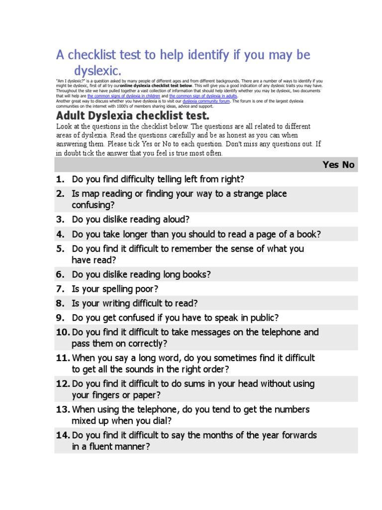 A Checklist Test To Help Identify If You May Be Dyslexic | PDF ...