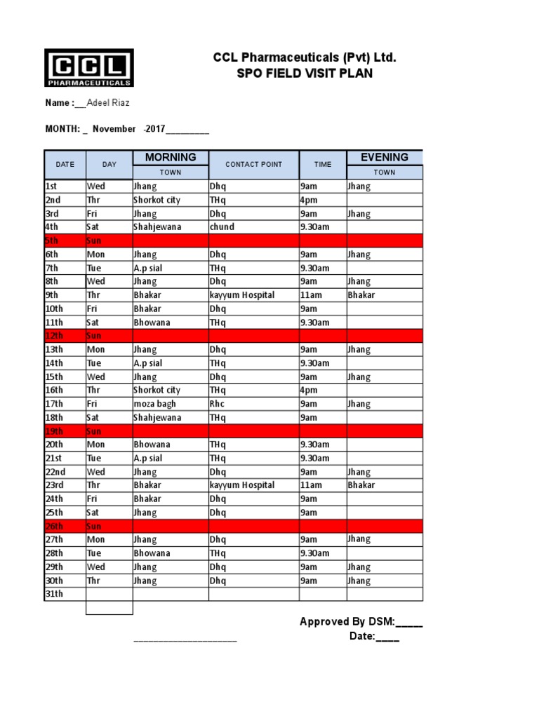 CCL Pharmaceuticals (PVT) Ltd. Spo Field Visit Plan: Morning Evening | PDF | Military Operations ...
