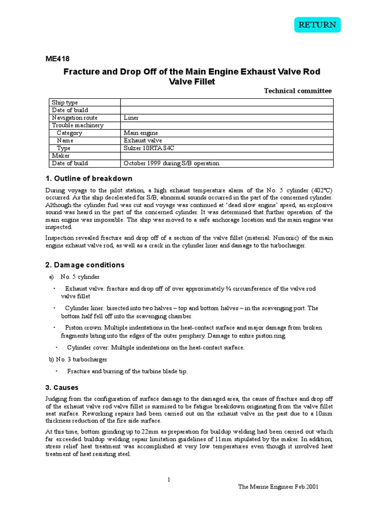 Fracture and Drop Off of The Main Engine Exhaust Valve Rod Valve Fillet ...