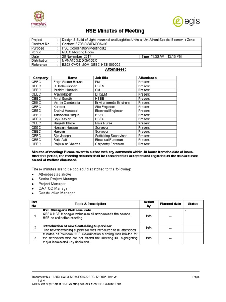 HSE Coordination Meeting #2 Minutes | PDF | Personal Protective ...