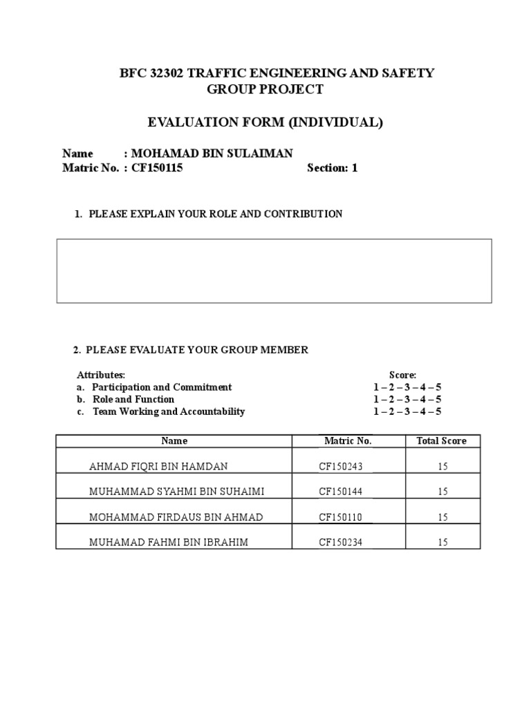 Group Project Evaluation Form (Individual) : BFC 32302 Traffic ...