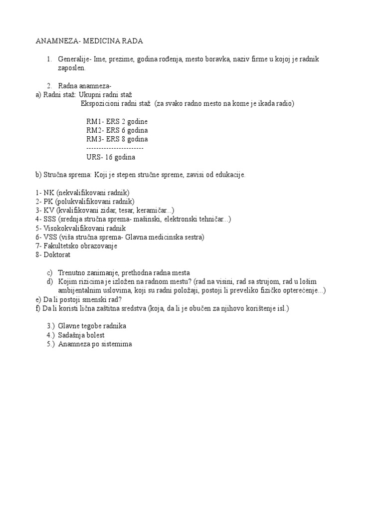Radna Anamneza | PDF
