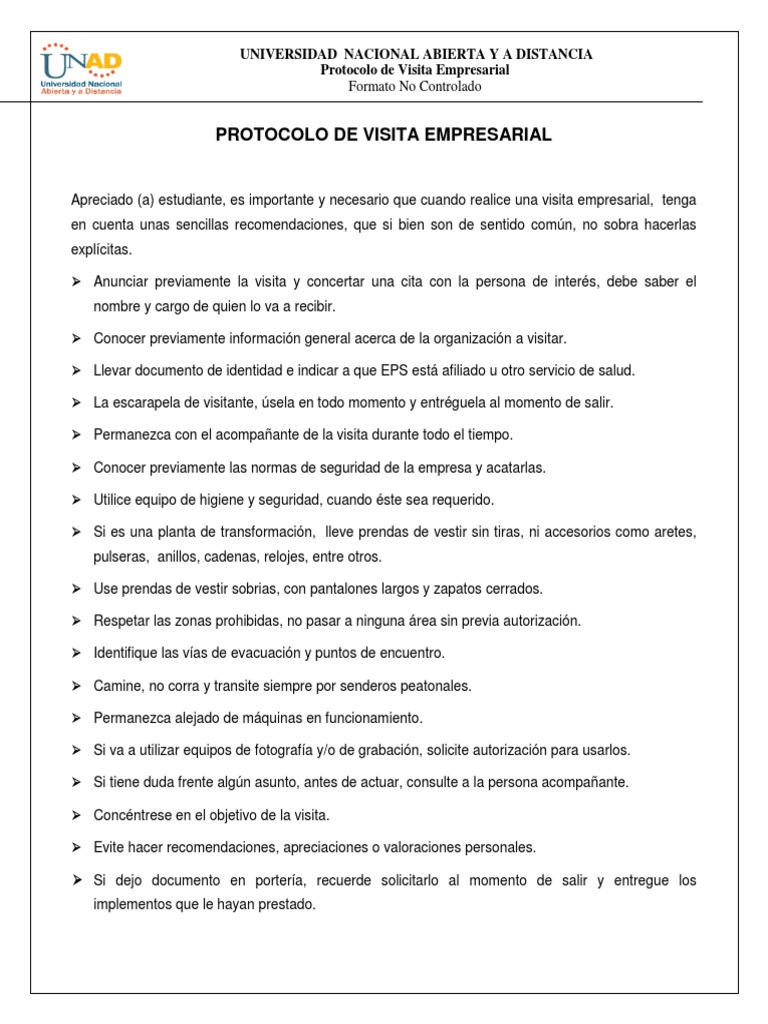 Protocolo Visita Empresarial | PDF