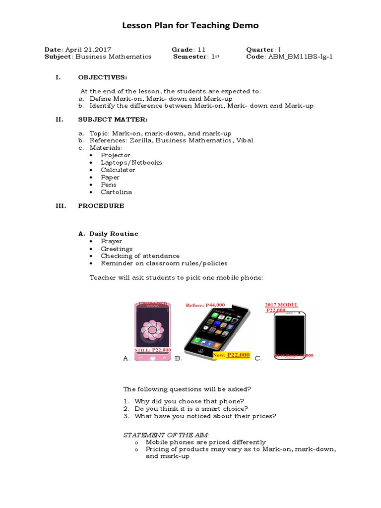 Lesson Plan in Business Mathematics | PDF | Lesson Plan | Prices