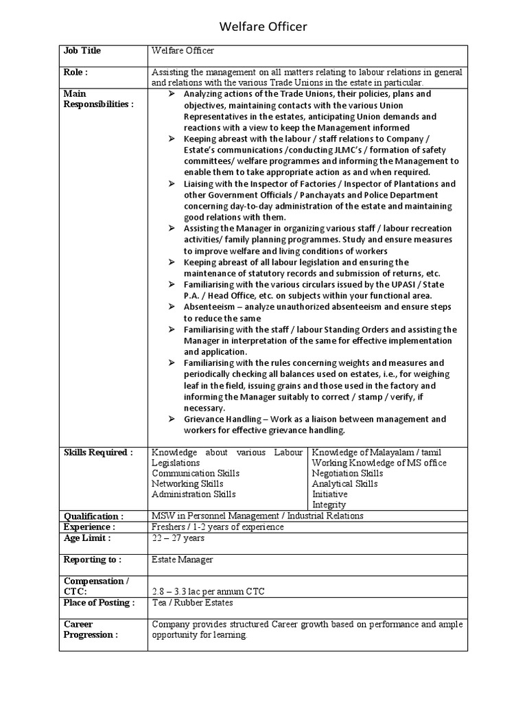 Welfare Officer Job Description | Trade Union | Welfare