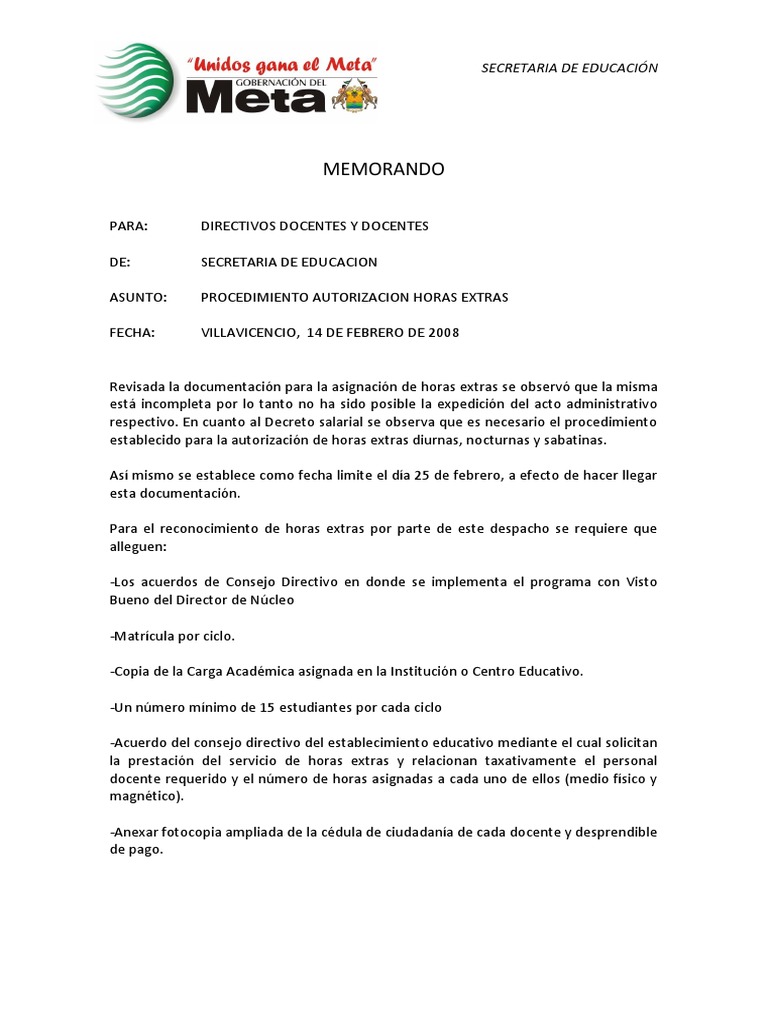 Memorando Horas Extras | PDF