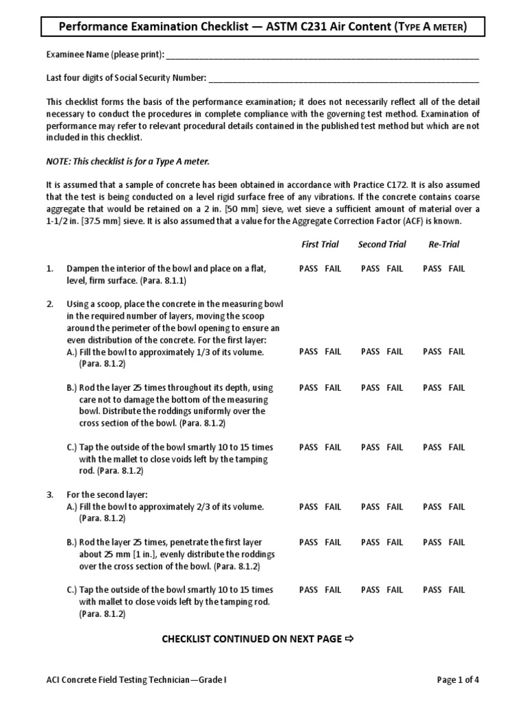 ASTM C231 Type a - Checklist | Concrete | Test (Assessment)