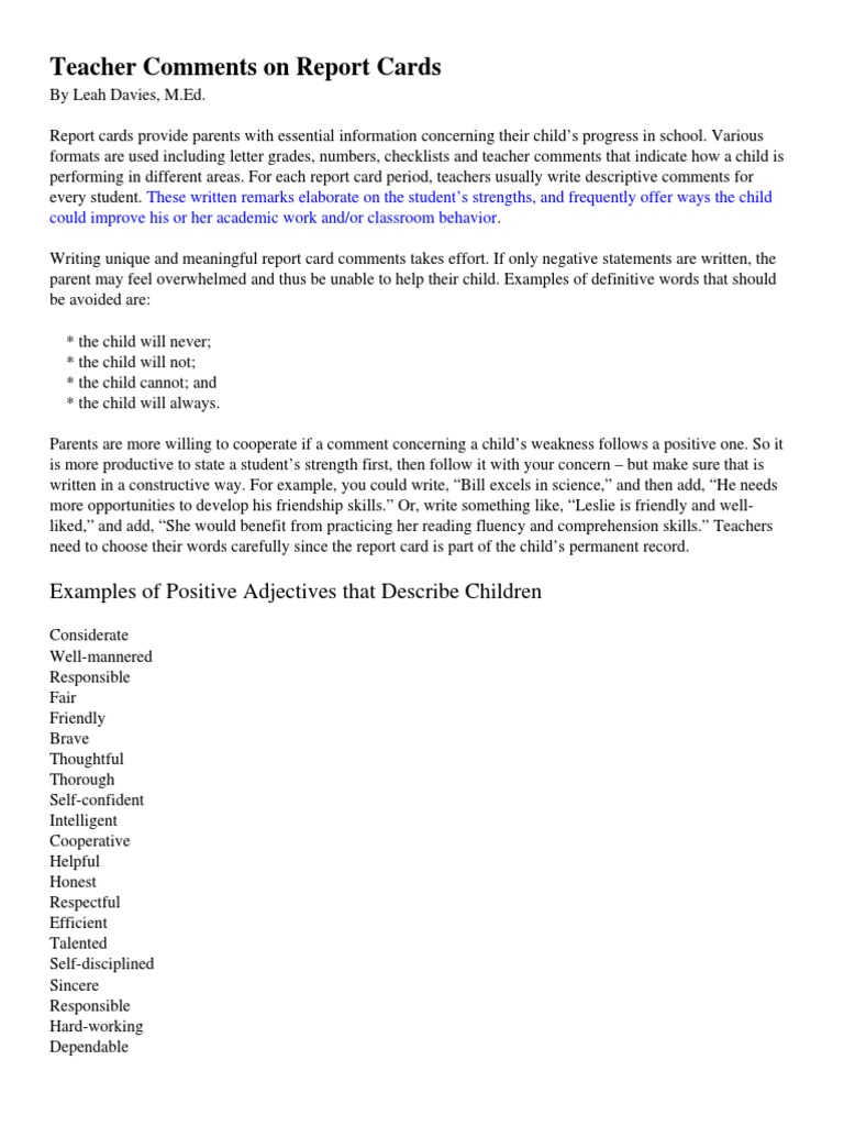 Teacher Comments (Davis) | Download Free PDF | Motivation | Motivational