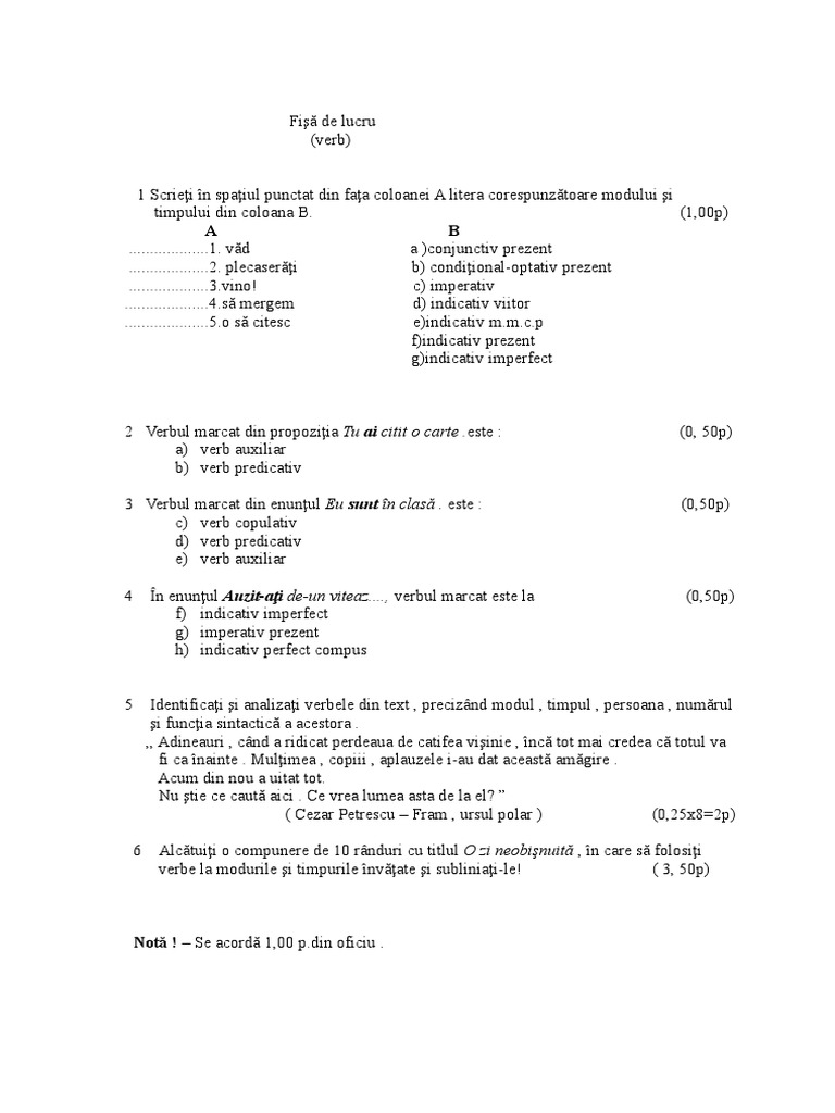 Fisa de Lucru Verb a 5a