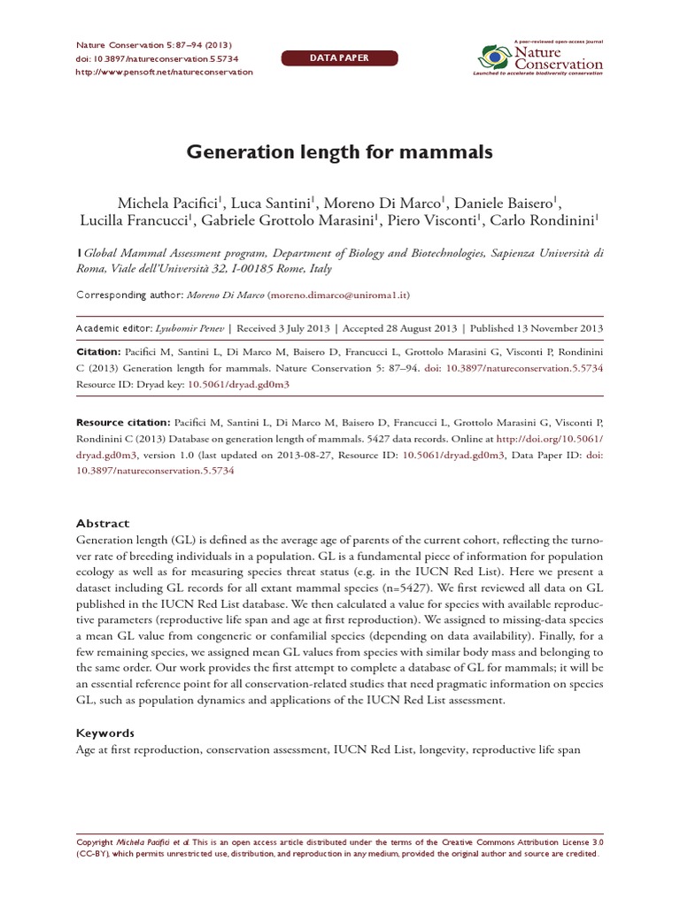Generation Length For Mammals | PDF | Species | Organisms