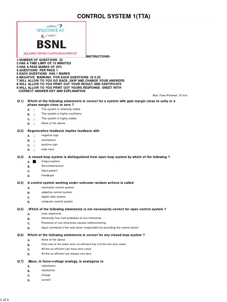 Control Systems Quiz Instructions | PDF | Feedback | Control System