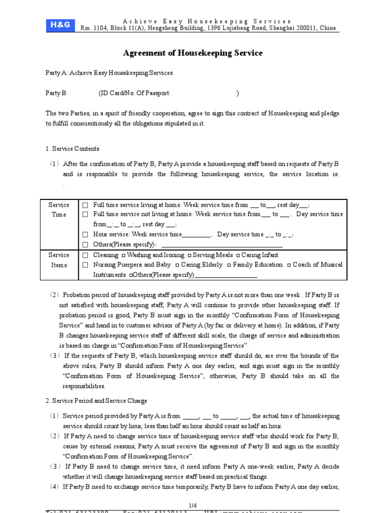 Agreement of Housekeeping Service | PDF | Overtime | Working Time