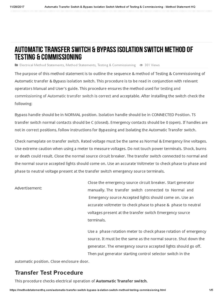 ATS Testing & Commissioning Method | PDF | Relay | Switch