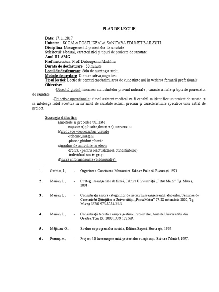 PLAN de LECTIE Managementul Proiectelor | PDF