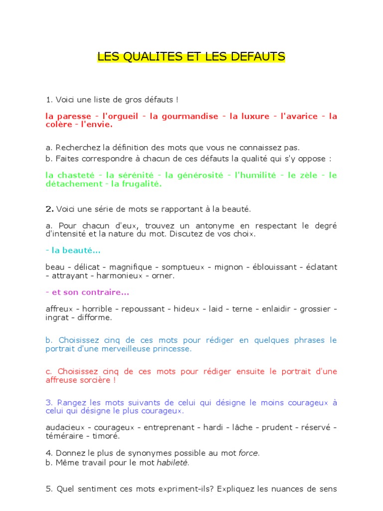 6° Conte Vocabulaire Qualités Et Défauts | PDF
