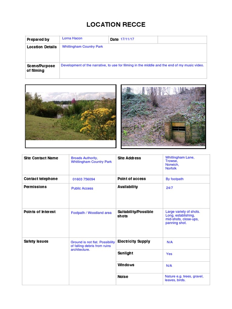 Location Recce Template Whitlingham | PDF