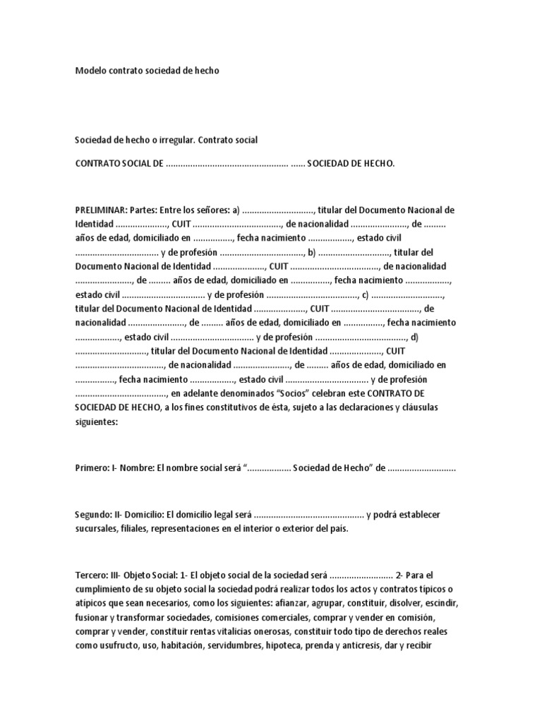 Modelo Contrato Sociedad de Hecho | Sociedad de responsabilidad limitada | Derecho privado