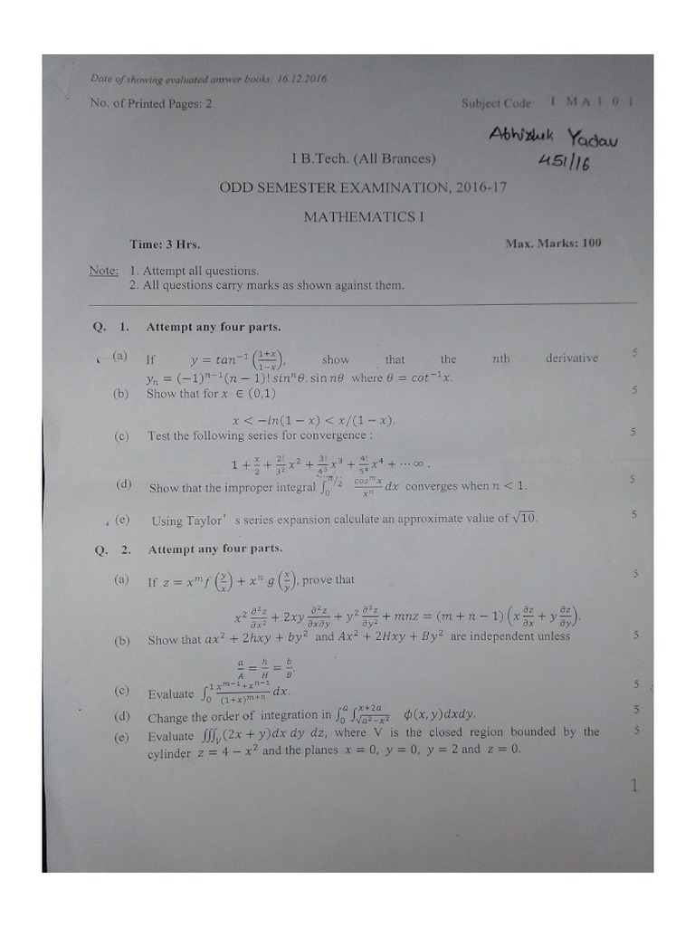 2016-17 Odd Sem question papers HBTU Kanpur