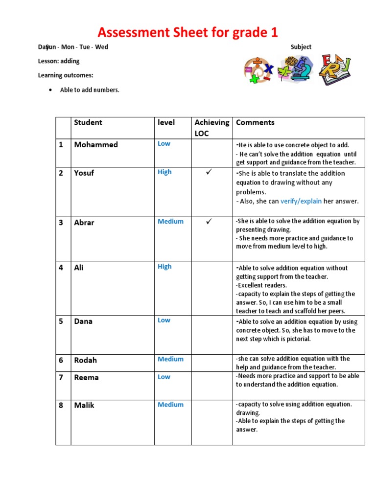 Grade 1 Addition Assessment Sheet | PDF | Educational Assessment | Sharing