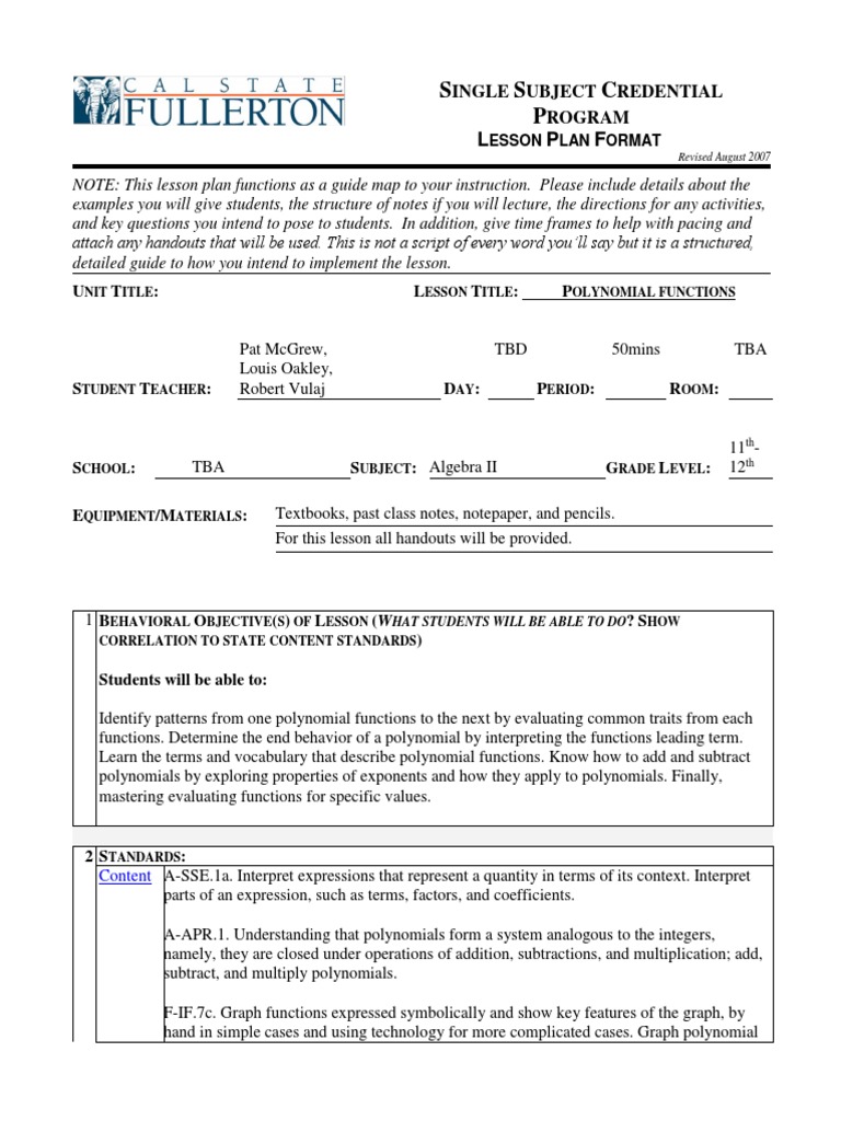 Lesson Plan | PDF | Polynomial | Function (Mathematics)