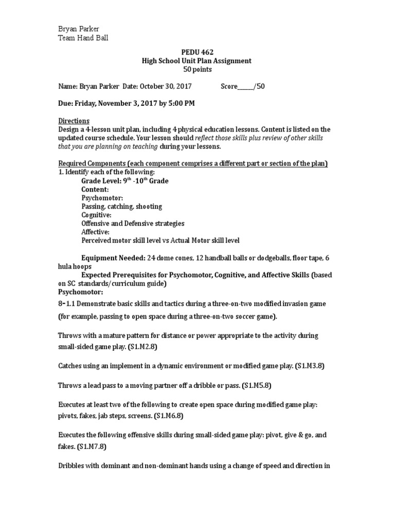 Bryan Parker Unit Plan Team Handball | PDF | Educational Assessment ...
