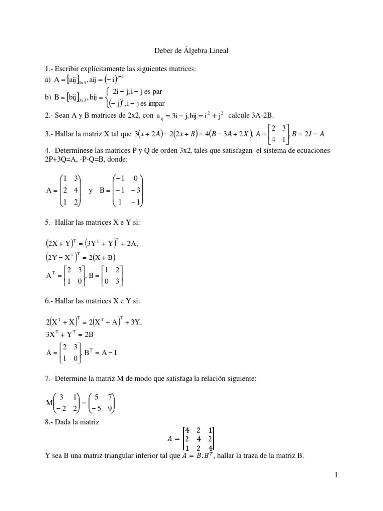 Deber de Álgebra Lineal Matrices | PDF | Matriz (Matemáticas) | Relaciones matematicas