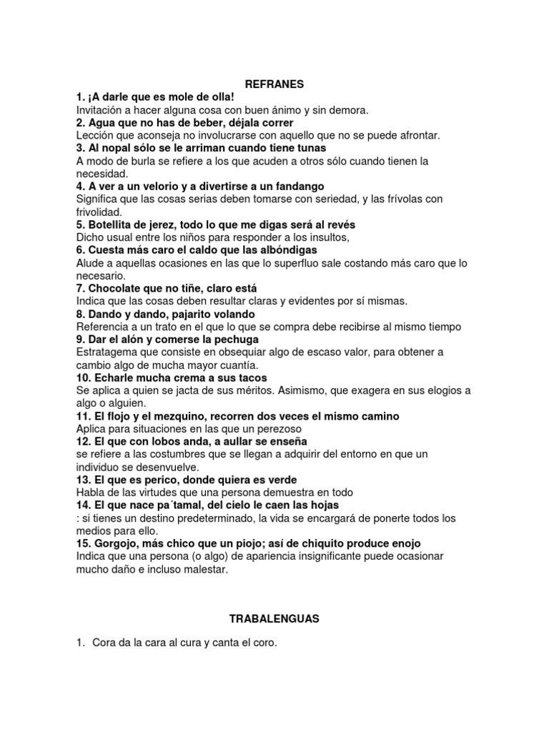 REFRANEs, Trabalenguas y Adivinanzas | Descargar gratis PDF | Ocio