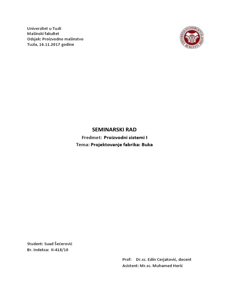 Seminarski Rad Proizvodni Sistemi I | PDF