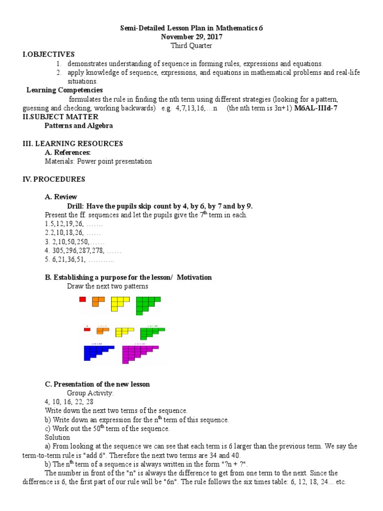 Math6 W4 Nov 29 | PDF | Sequence | Lesson Plan