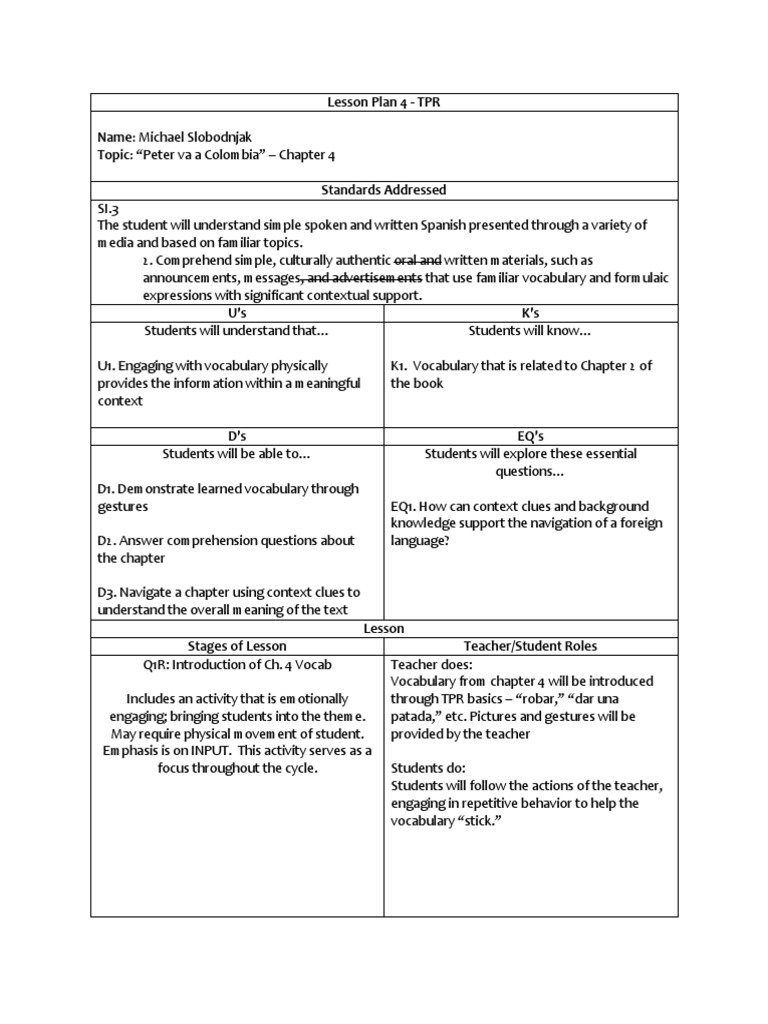 TPR Lesson Plan: Peter va a Colombia | PDF | Reading Comprehension ...
