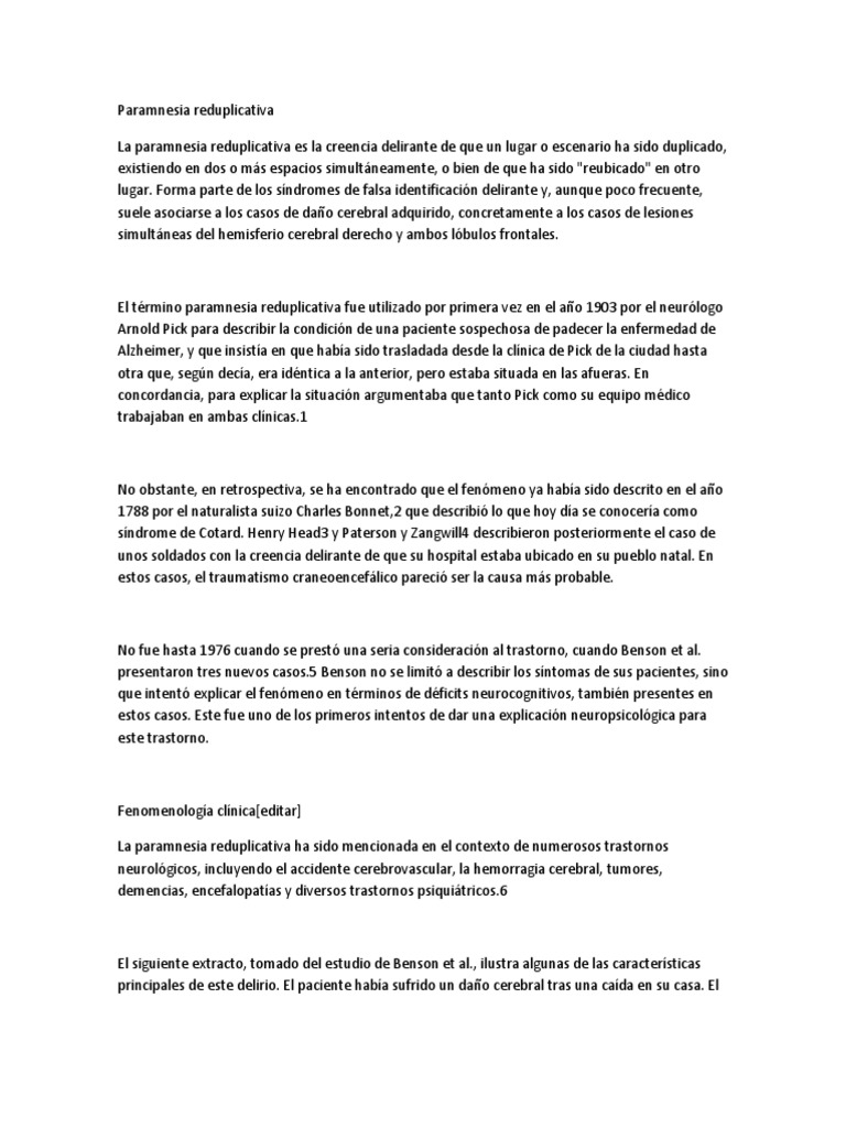 Paramnesia Reduplicativ1fdfdgfdgd | PDF | Psicopatología | Psicología ...
