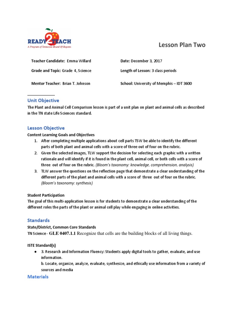 Lesson Plan Two | PDF | Cytoplasm | Cell (Biology)