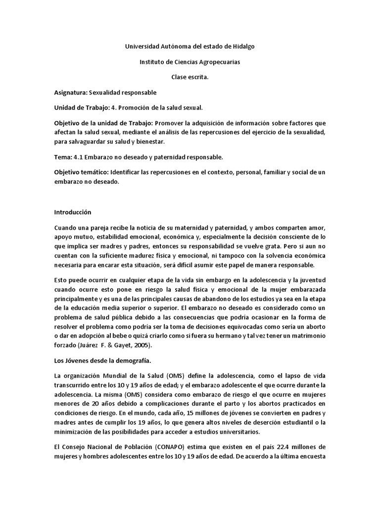 4.1 Embarazo No Deseado y Paternidad Responsable. | PDF | Juventud | Embarazo en la adolescencia