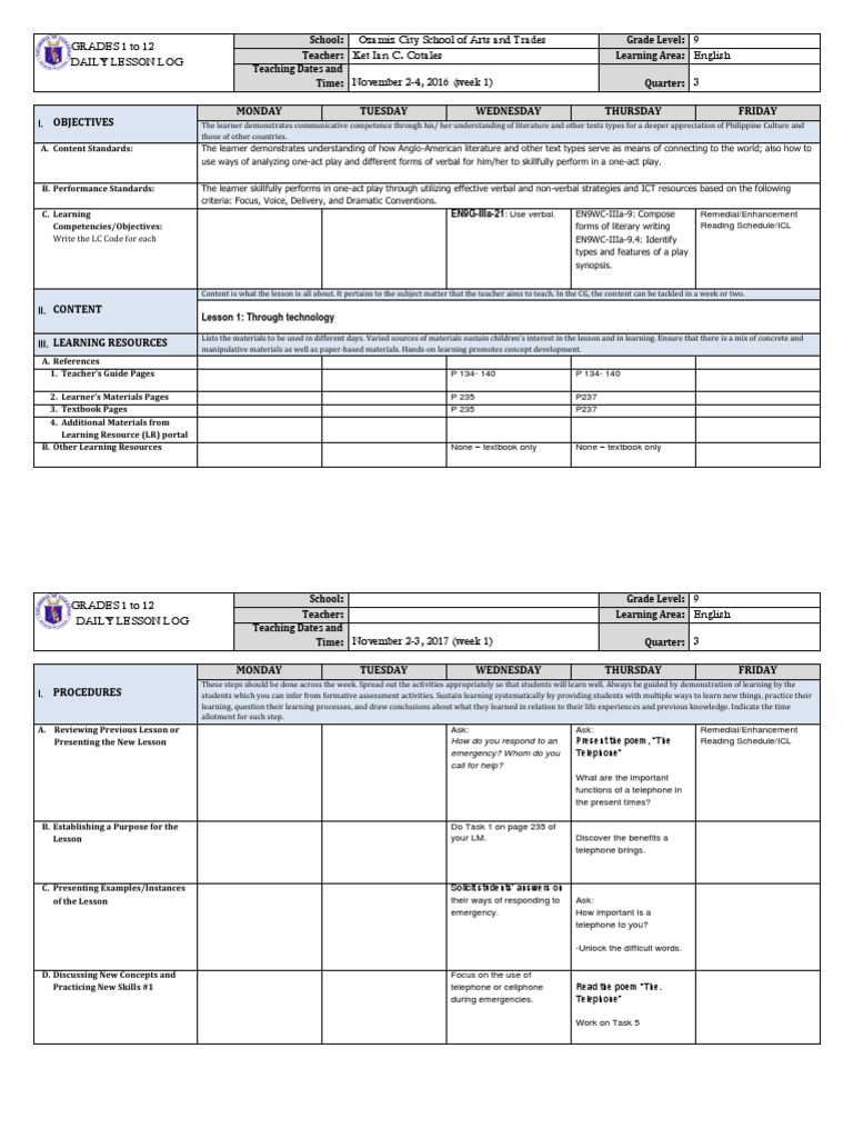 Grade 9 - English DLL (3rd Quarter) | Educational Assessment | Learning