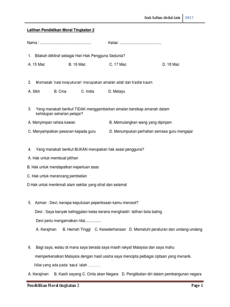 Ujian Pendidikan Moral Tingkatan 2 2017 | PDF