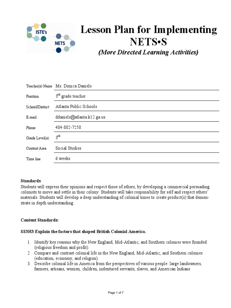 3rd Grade Colonial America Lesson Plan | PDF | Internet | Learning