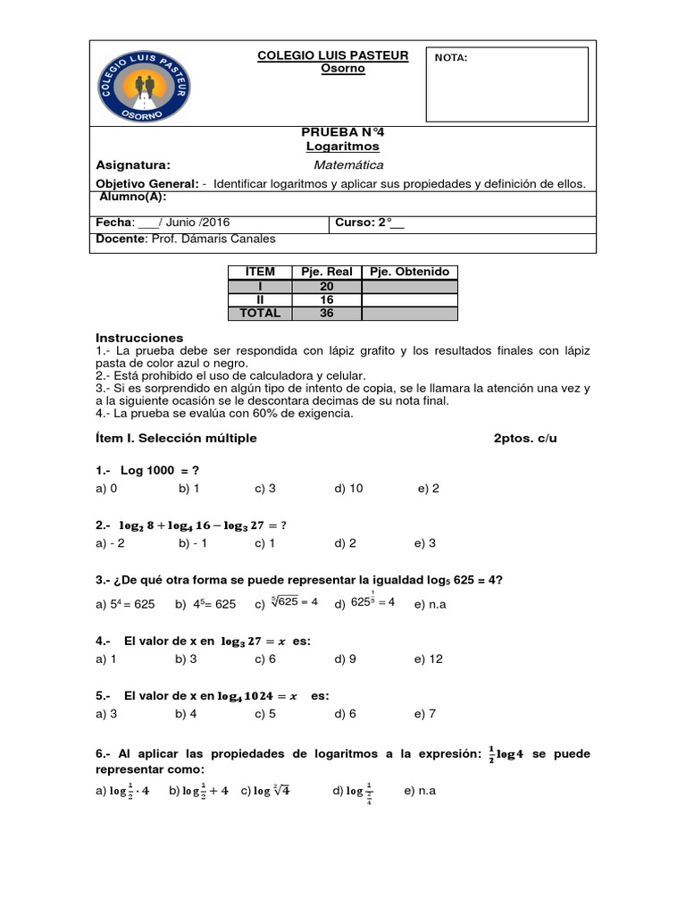 Prueba Logaritmos 2do Medio | PDF | Logaritmo | Enseñanza de matemática