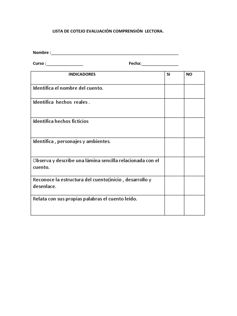 Lista de Cotejo Evaluación Comprensión Lectora 2 | PDF