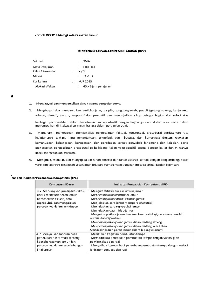 Contoh RPP K13 Biologi Kelas X Materi Jamur | PDF
