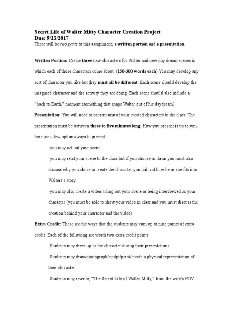 Secret Life of Walter Mitty Character Creation Project | PDF | Leisure