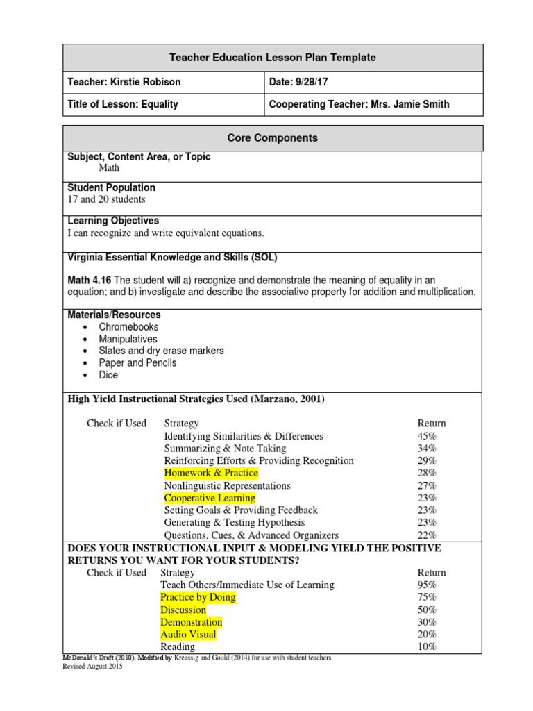 Teacher Education Lesson Plan Template | PDF | Equations | Lesson Plan