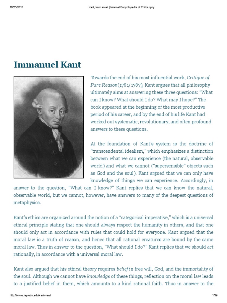Kant, Immanuel - Internet Encyclopedia of Philosophy | PDF | A Priori And A Posteriori ...