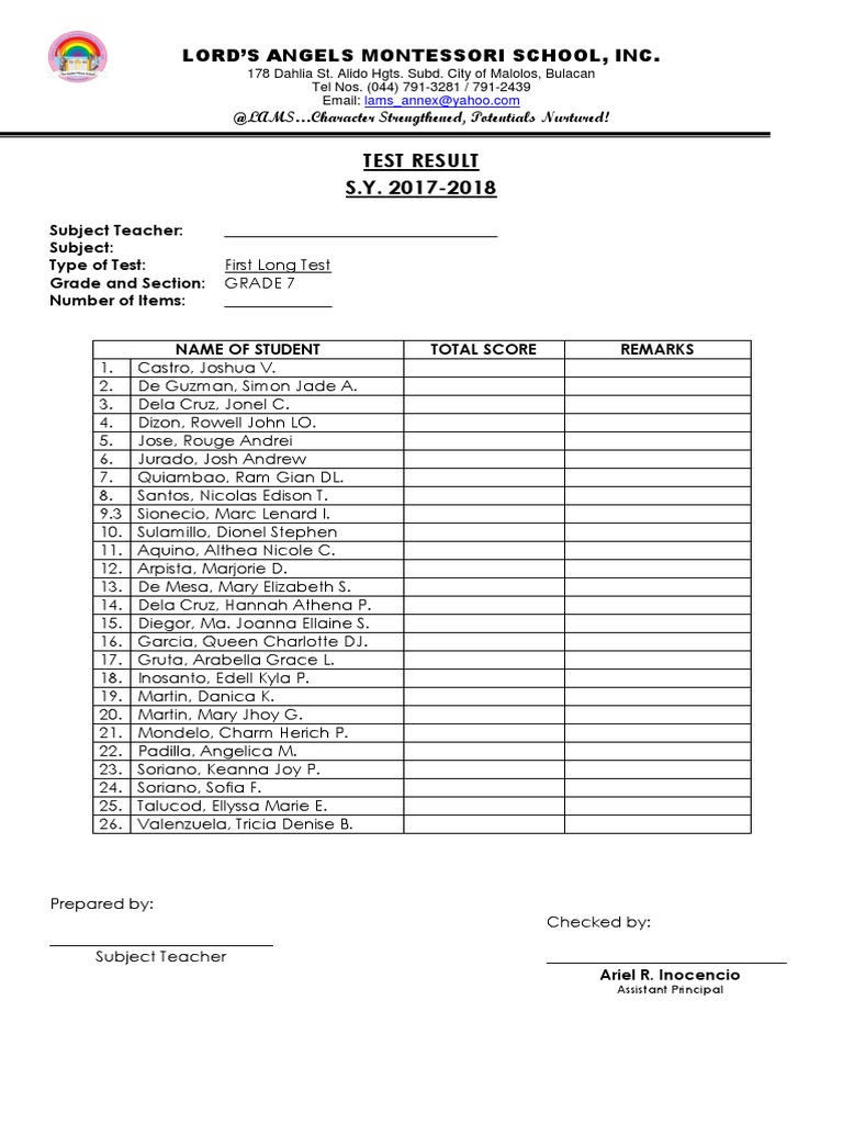 Test Result-Sheet S.Y. 25017-2018 | Download Free PDF | Plants