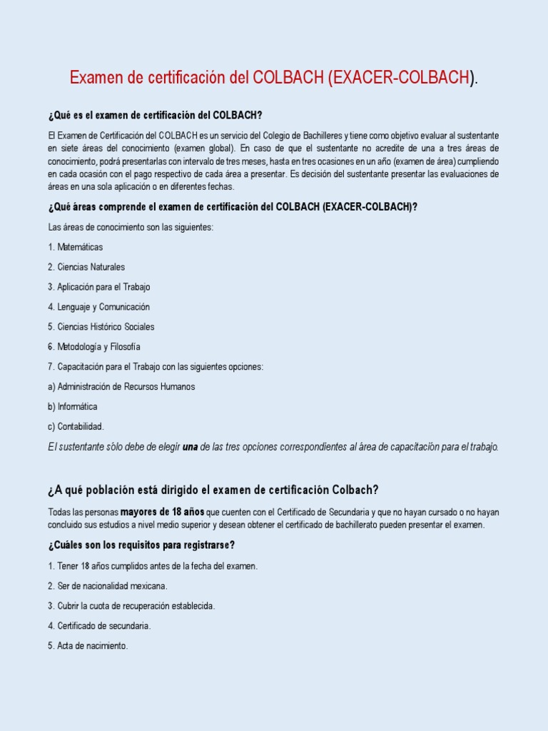 Examen de Certificación Del COLBACH (EXACER-COLBACH) | PDF | Educación ...