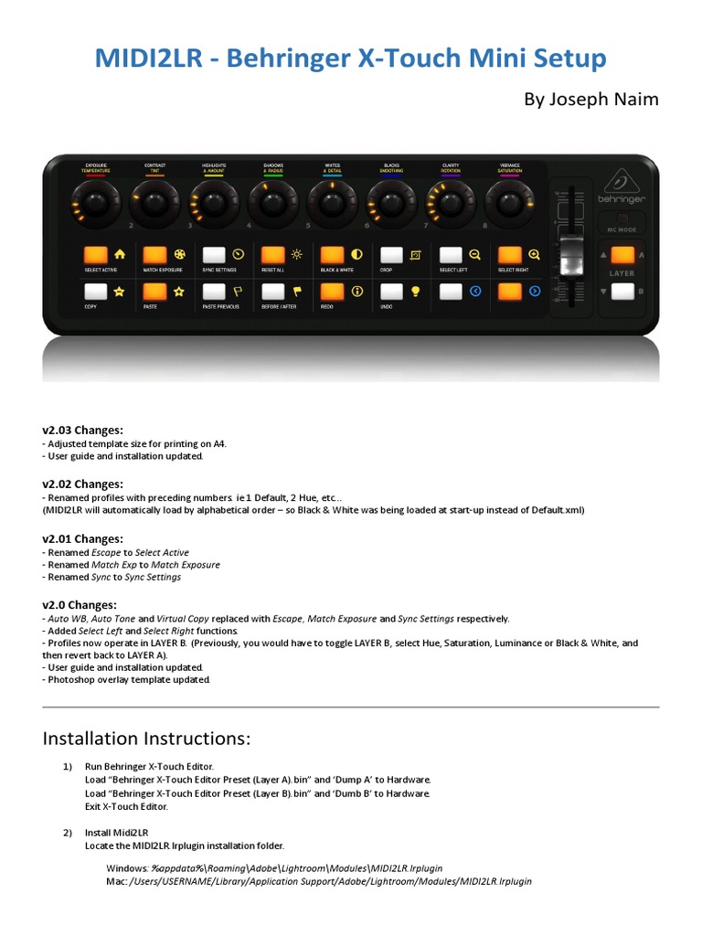 Behringer X-Touch Editor Preset MIDI2LR User Guide and Installation v2.03 | PDF | Adobe ...