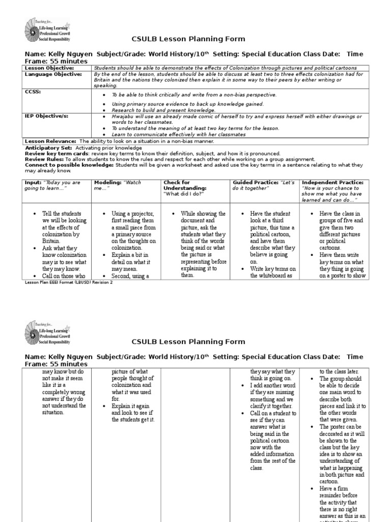 Lesson Plan Format - Revised Csulb | PDF | Lesson Plan | Special Education