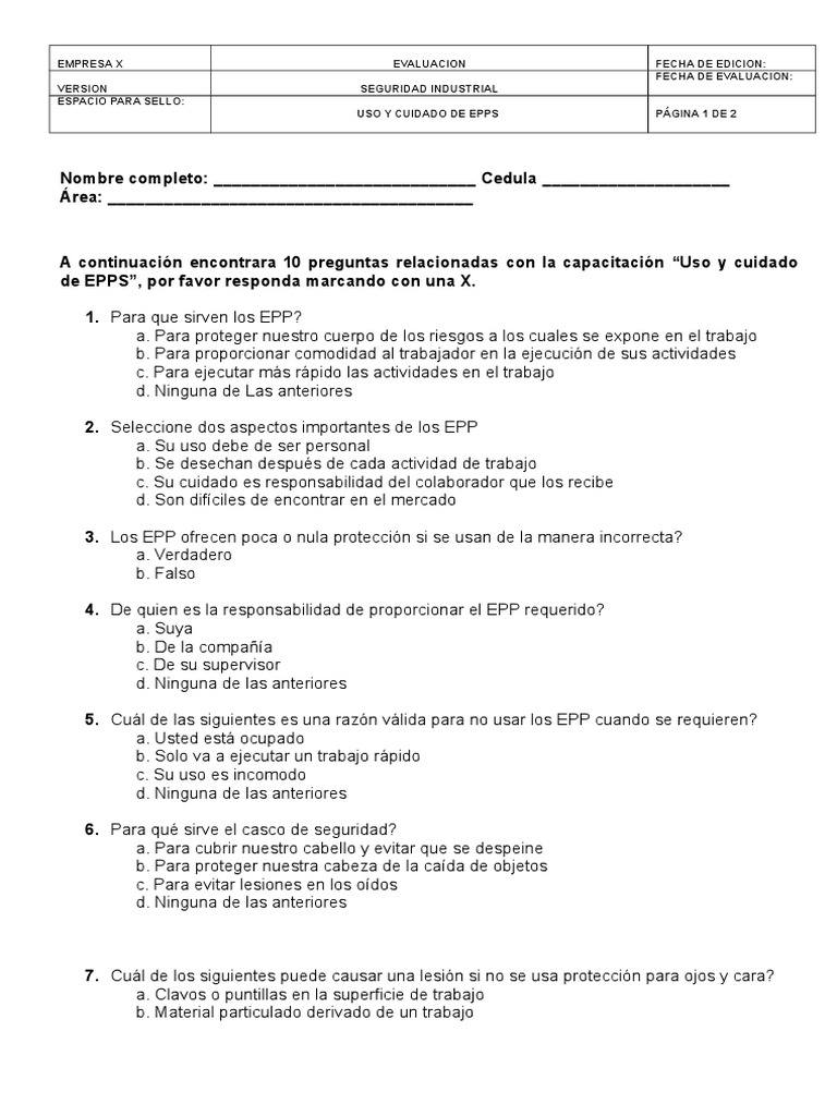 Evaluacion Uso y Cuidado de Epp | PDF | Negocios | Informática