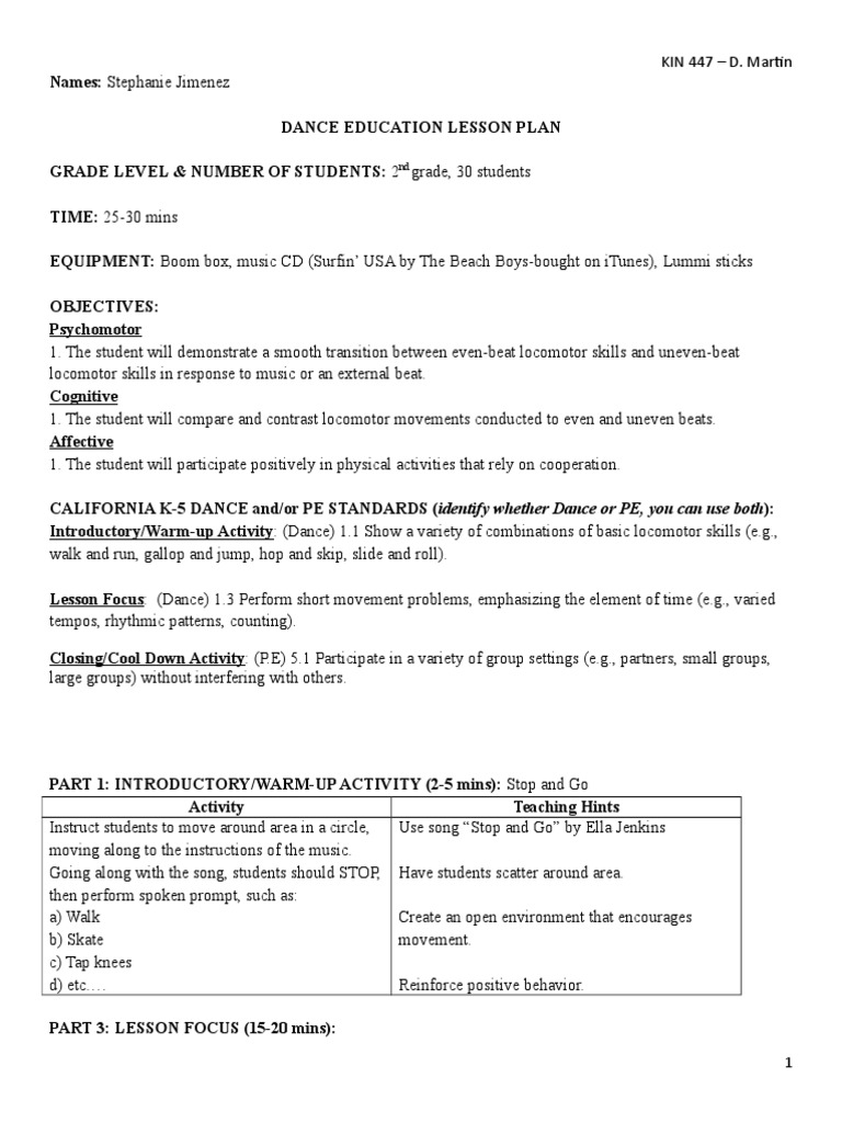 Dance Lesson Plan | PDF | Dances | Cognition