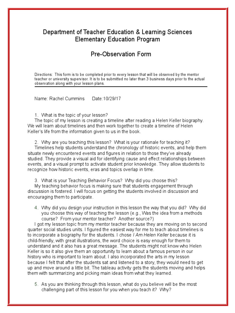 Rachel Cummins lp4 Pre-Observation Form 10-30-17 | PDF | Mentorship ...