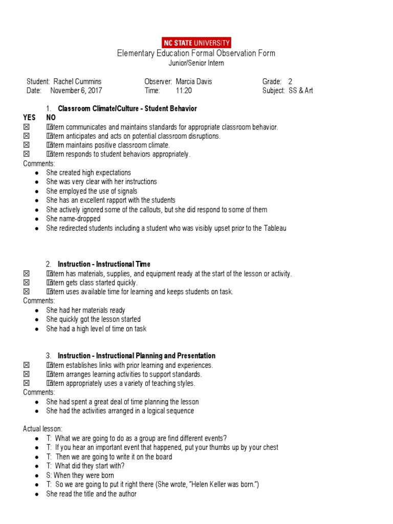 Rachel Cummins lp4 Observation Form 11-6-17 | PDF | Internship | Job ...